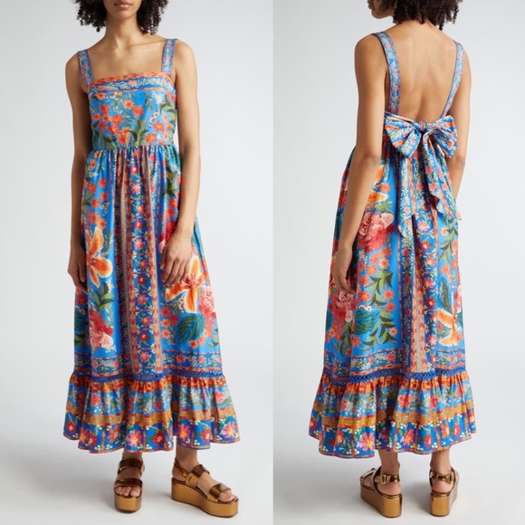 FARM Rio | Dresses | Farm Rio Stitched Garden Blue Tiered Maxi Dress ...